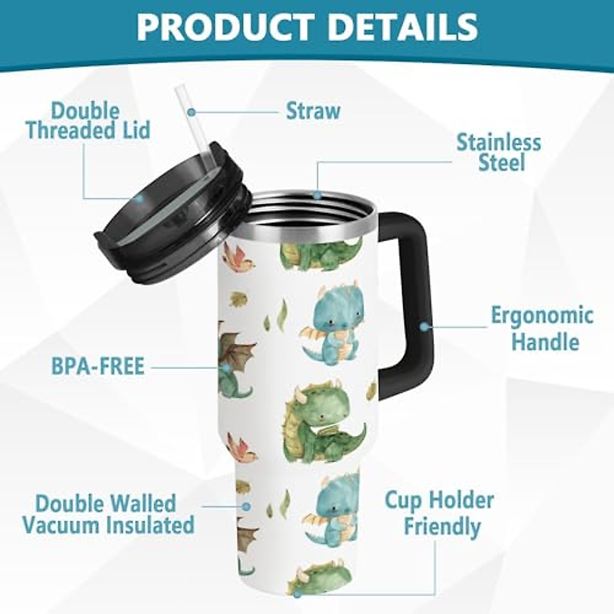 Flradish 40oz Tumbler with Handle, Cute Dragons Stainless Steel Tumbler with Lid and Straws Double Wall Vacuum Insulated Leakproof Coffee Travel Mug