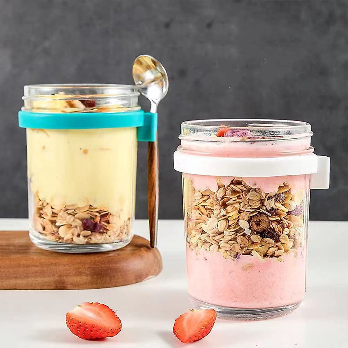 Overnight Oat Container with Lid and Spoon Set, 10 oz Large Airtight Oatmeal Container with Measure Marks Cereal, Milk, Vegetable and Fruit Salad Storage Containers (white and grey)