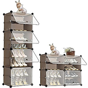UNZIPE Shoes Organizer Cabinet, Shoe Rack Storage with Door, 16 Pairs Free Standing Shoe Racks Plastic Shoes Shelves DIY Cube Organizer for Entryway Closet Hallway Bedroom, Dark Coffee