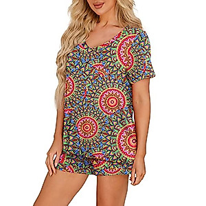 PrinStory Women's Pajama Set Short Sleeve Shirt and Shorts Sleepwear Pjs Sets with Pockets FP-Peacock Blue-Large