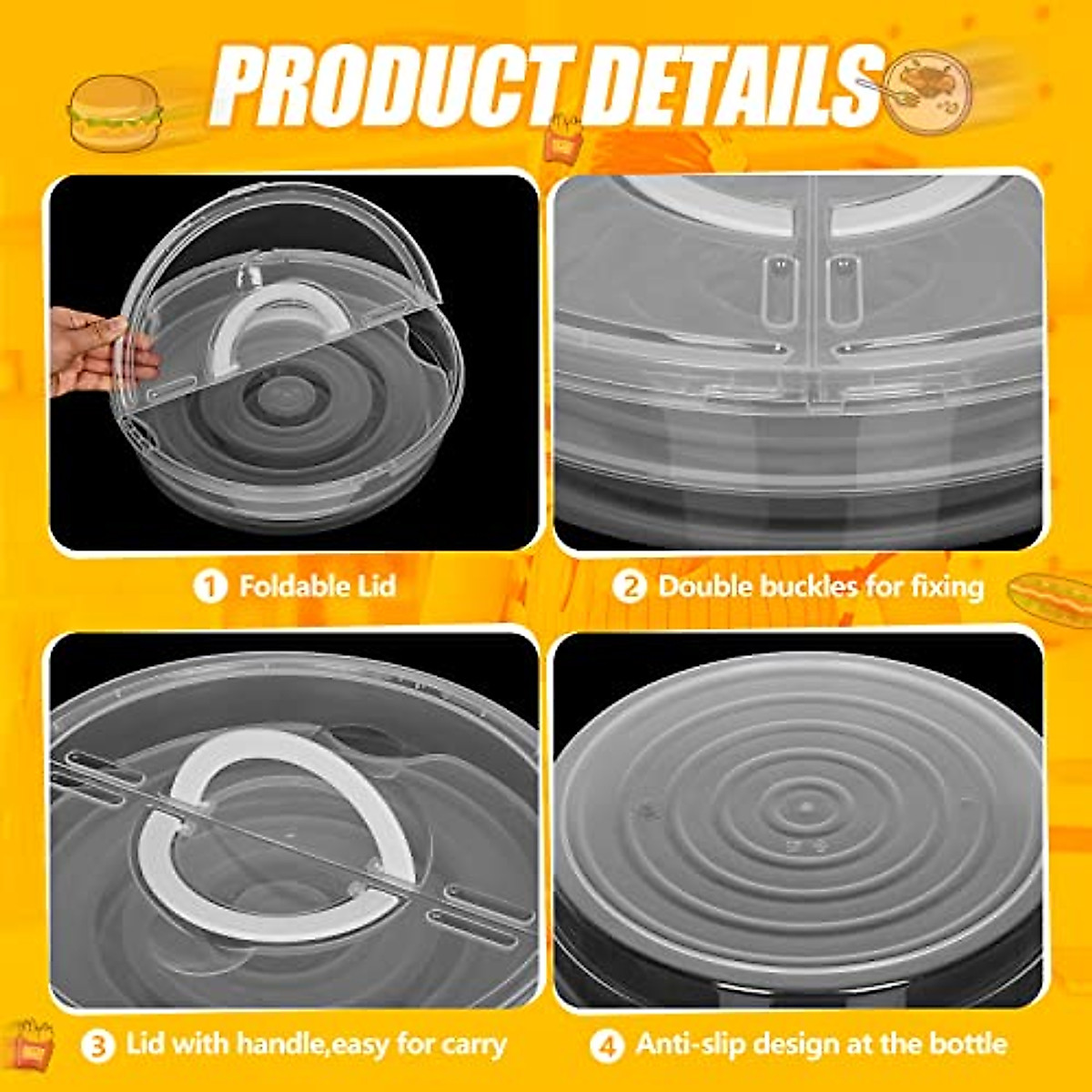 3 Pcs 12 Inch Food Storage Container with Lid and Handle, 2 Compartments Pie Carrier Round Pizza Holder Reusable Pizza Keeper for Egg Cheese Tortilla Pastry Cakes Desserts