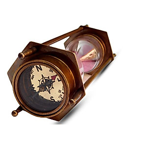 MERIDIAN NAUTICALS 6" Hand Made Solid Brass Decorative Sand Timer 3 min Hour Glass with Fully Functional Compasses