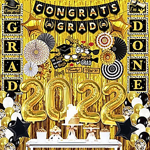 Huge, Graduation Party Decorations 2022 - Pack of 75 | Congrats Grad Banner, Graduation Photo Props | Gold Fringe Graduation Backdrop | Graduation Banner, Black and Gold Graduation Decorations 2022