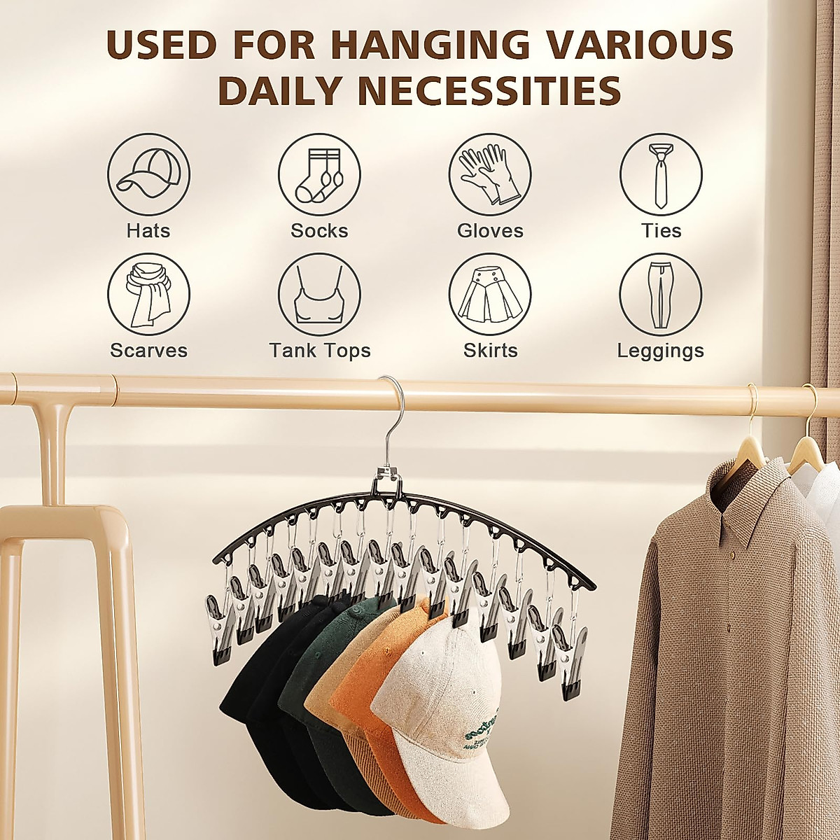 Hat Organizer for Baseball Caps - 2 Pack Metal Hat Hangers for Closet Storage w/15 Clips Holds 30 Hats - Hat Rack - Hat Holder for All Caps - Gifts for Men & Women