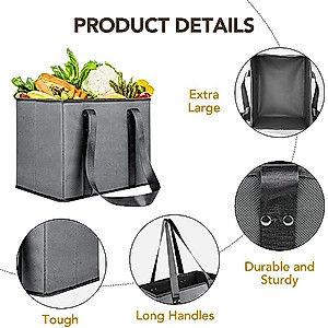 XPCARE 4Pack Reusable Grocery Bags - Heavy Duty Reusable Shopping Bags with Box Shape to Stand Up, Stay Open, Fold Flat - Foldable Grocery Tote Bag with Long Handles & Reinforced Bottom Grey