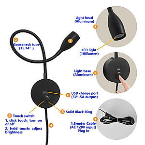 CRISETEK Reading Light Wall Mounted Reading Light headboard Touch Switch Dimmable Reading Lamp Task Directional LED Gooseneck Light AC (120V) Plug in Cable Powered 3W (Matte Black, Warm White)
