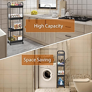 WASJOYE 4-Tier Plastic Rolling Utility Cart with Handle, Black Home Kitchen Office Storage Trolley Cart with Wheels (14 * 8.9 * 45.3 Inch)