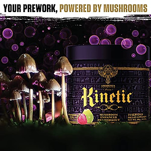 Ambrosia Kinetic Organic Preworkout, Mushroom Enhanced Natural Pre Workout Supplement, Nootropic Superfood Powder for Energy (Strawberry Guava)