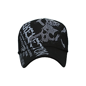 WITHMOONS Meshed Baseball Cap Skull Rhinestones Trucker Hat KR1751 (Twoblack)