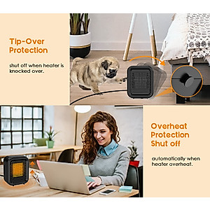 1000W Small Portable PTC Ceramic Heaters for Bedroom, Energy Efficient Electric Heater with Tip-Over and Overheat Protection, Personal Desk Heater for Bathroom Home Dorm Office Indoor Use