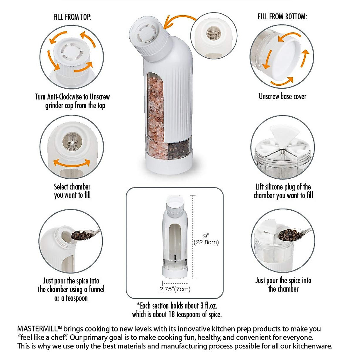 MasterMill 5-in-1 Multi Section Spice Mill, Salt and Pepper Mill Ceramic Combo Multi Spice Dispenser Container Kitchen Organization and Storage