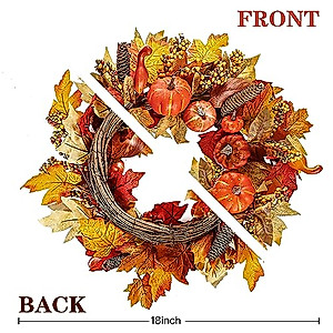 Sggvecsy Artificial Fall Wreath 18’’ Autumn Front Door Wreath Harvest Wreath with Various Pumpkin Cluster of Berries Maple Leaves Pine Cones for Outside Indoor Wall Thanksgiving Fall Autumn Decor