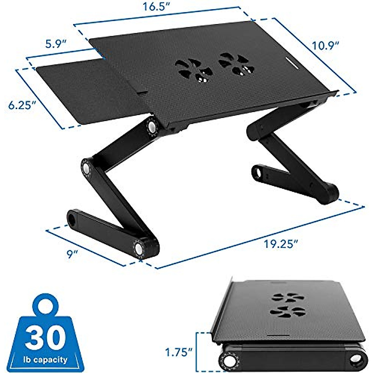 Mount-It! Adjustable Laptop Stand with Built-in Cooling Fans and Mouse Pad Tray, Easy to Use Ergonomic Laptop Stand for Bed, Couch, and Table, Portable and Lightweight