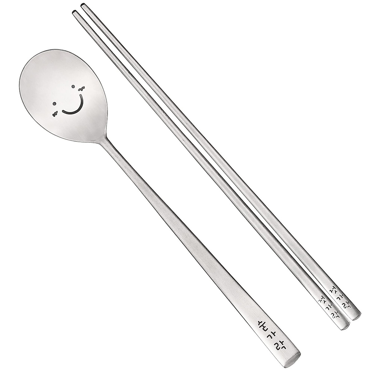 BAPMOO Korean Chopsticks and Spoon Set Combinations Reusable Long Handle Metal Stainless Steel Good for Gift Happy Face & Hangul Characters Engraved Silver