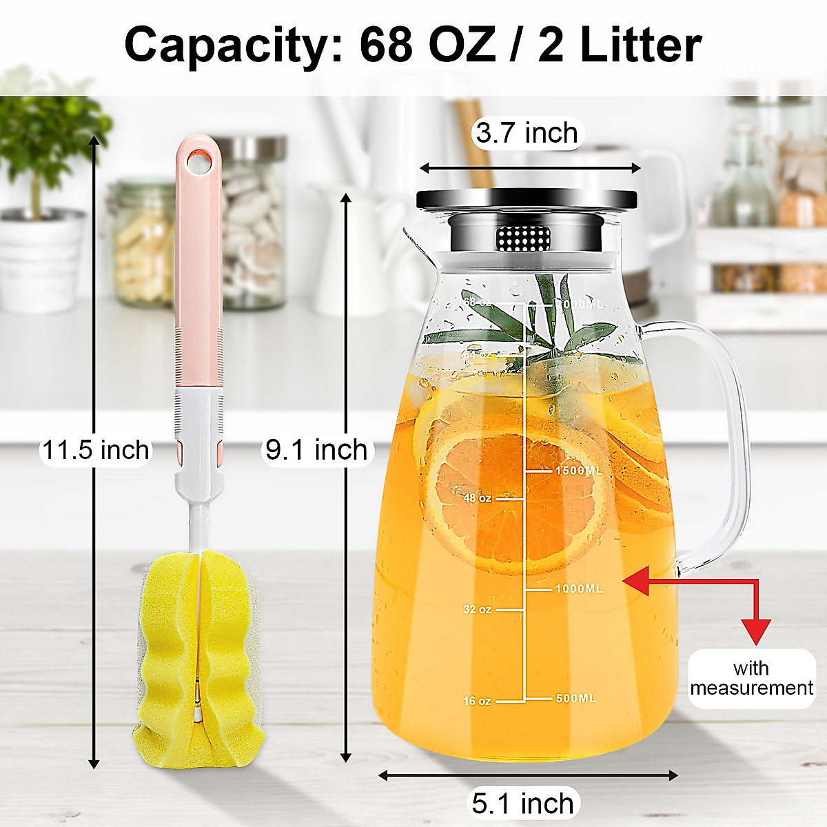 Glass Pitcher with Lid and Handle,68 OZ Glass Water Jug with Spout for Cold&Hot Drinks - Heat Resistant Borosilicate Crystal Clear Glass Carafe for Sangria, Coffee, Brewed Tea, Juice, and Beverage