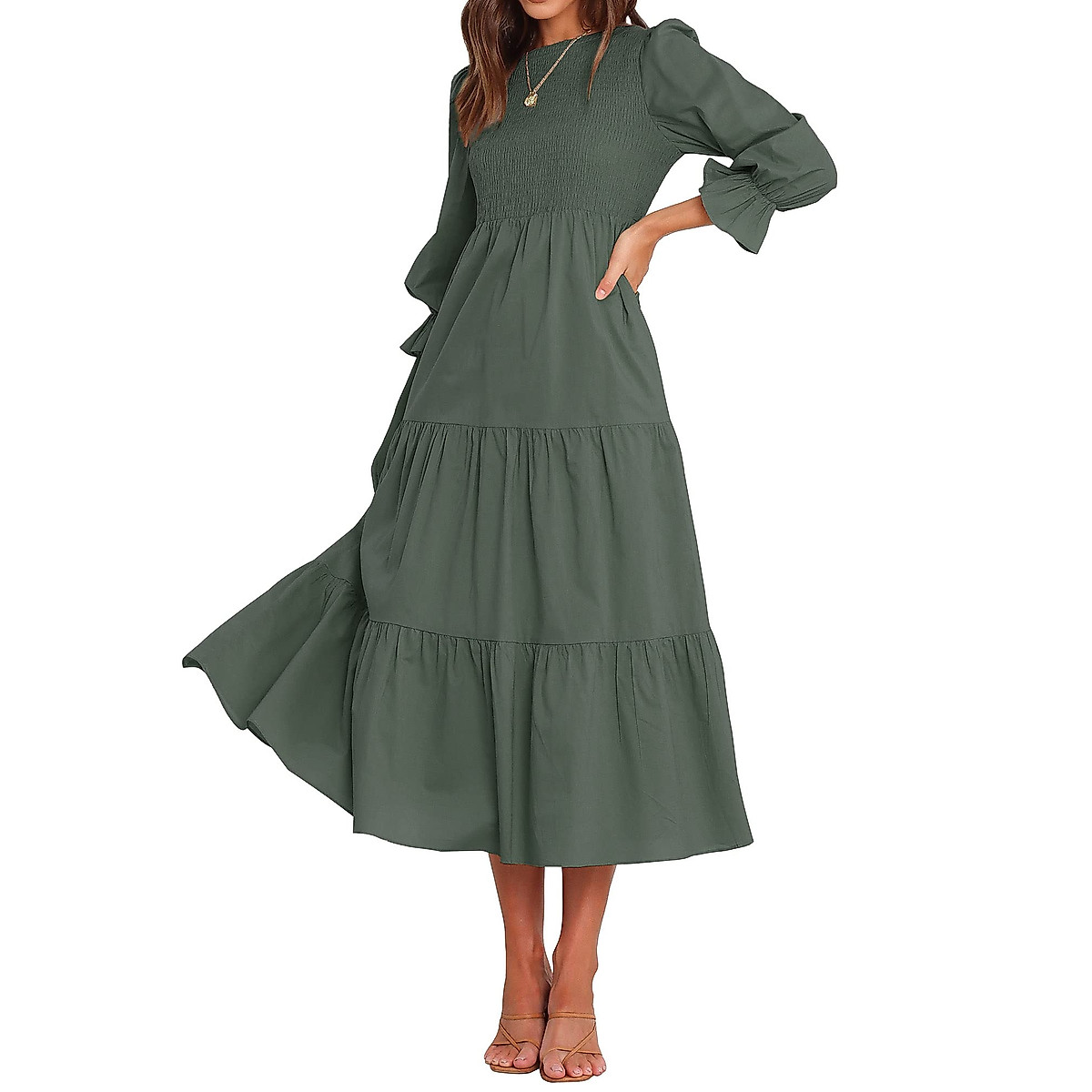 BTFBM Women Casual Long Sleeve Dress Fall Dresses 2025 Solid Color Relaxed Fit Smocked Tiered Flowy Boho Long Dresses(Solid Army Green,Large)