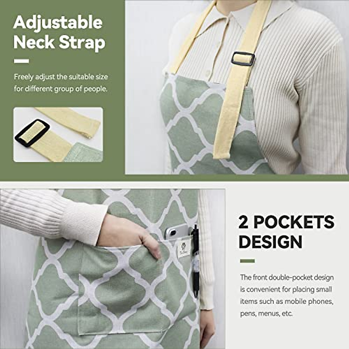 NLUS 2 Pieces Cotton Linen Waterproof Cooking Aprons, Kitchen Apron with Adjustable Neck Strap and Long Ties, Cooking Aprons with Pockets for Women/Men(Grey/Green)