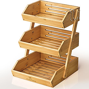 KOMFORA Bamboo Fruit Basket 3-Tier - Premium Produce Basket for Kitchen w/ 2 Hangers - Durable & Easy to Assemble Fruit Stand for Countertop - Perfect Fruit Holder for Vegetables, Bread & Snacks
