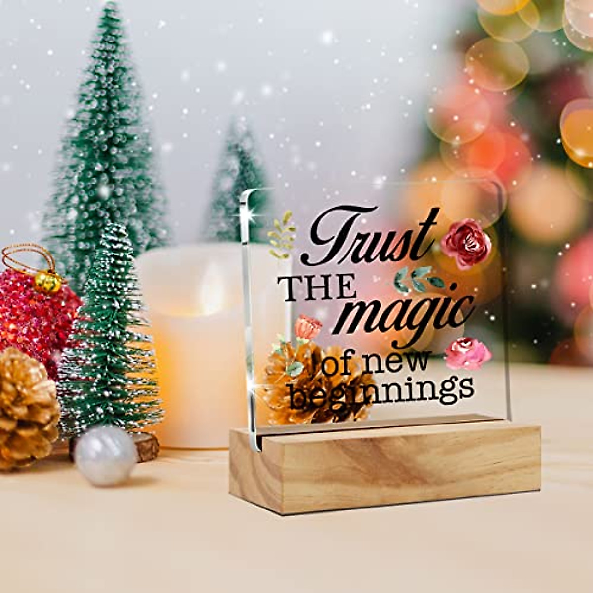 Trust the Magic of New Beginnings Desk Decor Acrylic Desk Sign Inspirational Quote Acrylic Plaque Home Office Desk Shelf Decoration 4.7"x4.7"