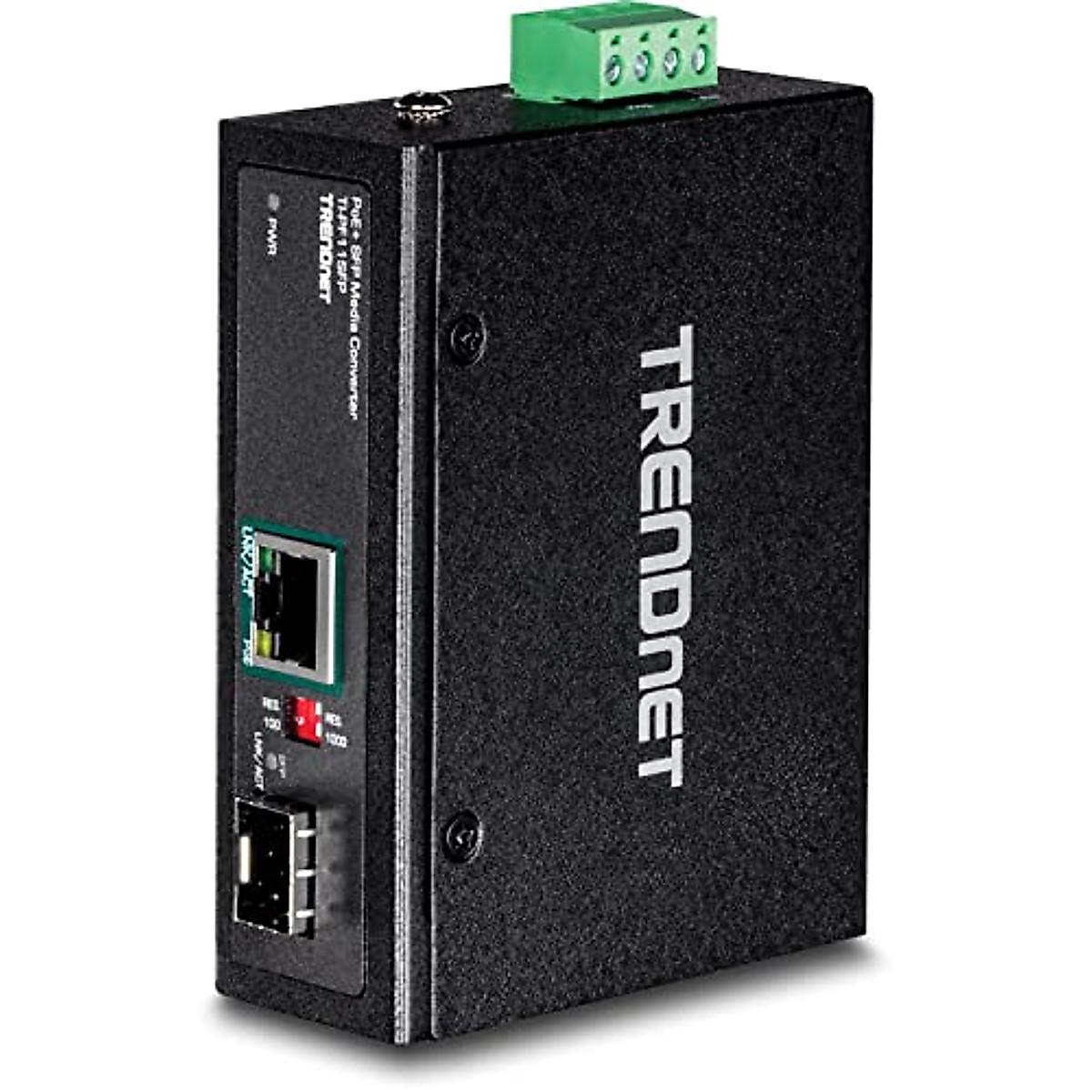 TRENDnet Industrial SFP to Gigabit PoE+ Media Converter, IP30 Rated Housing, Operating Temperature Range -40°– 75 °C to (-40° – 167 °F), TI-PF11SFP, Black