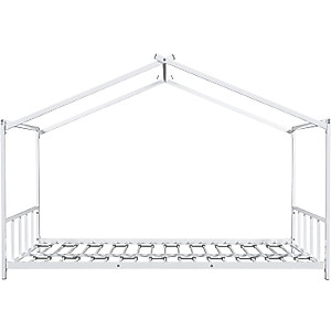 DNYN Full Size Montessori Floor Bed & House Bedframe with Roof Design for Kids Bedroom,Super Save Space & Easy Assembly & No Box Spring Needed, White