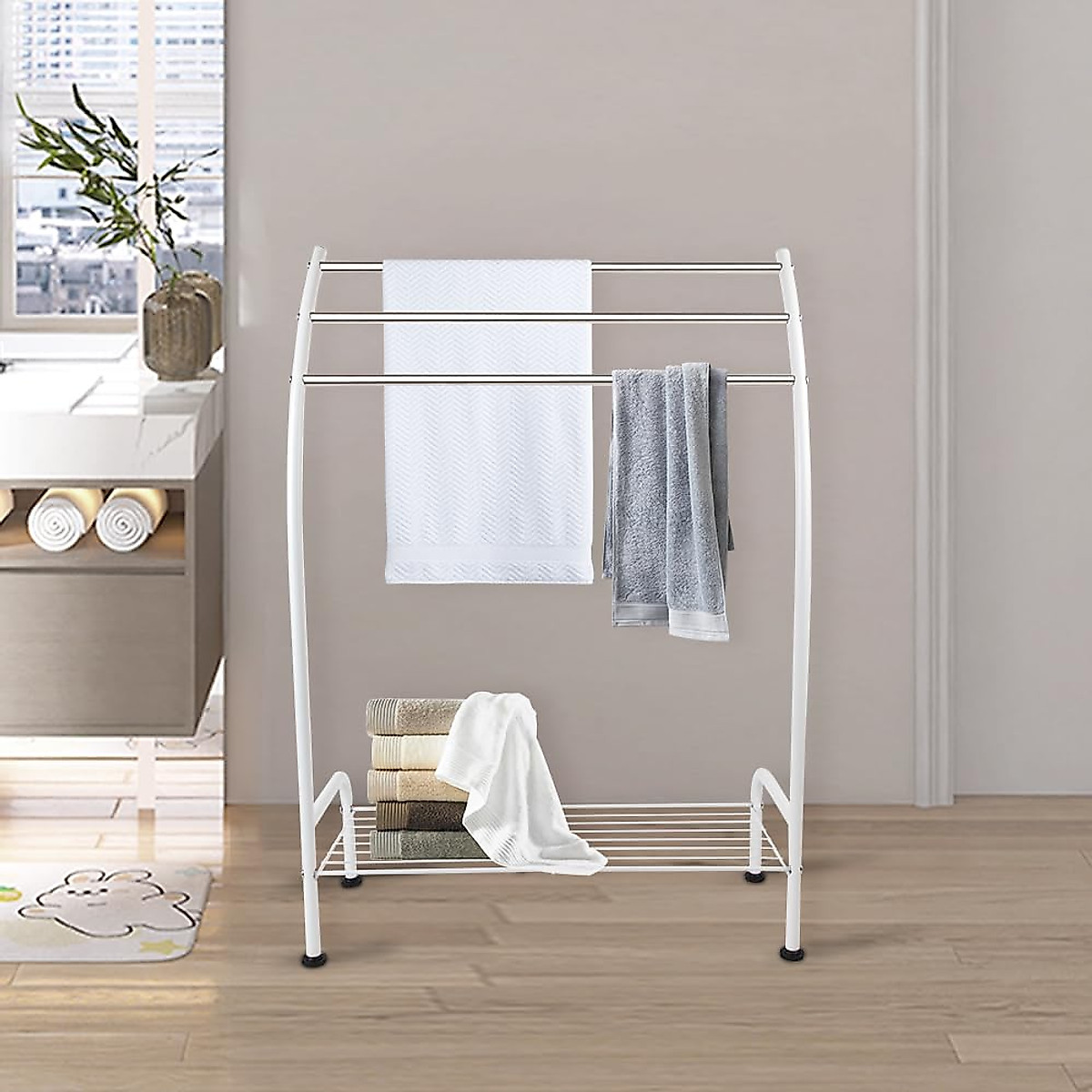 LOYLED Free Standing Towel Rack for Bathroom, Blanket Holder with 3 Tiers Metal with Storge Shelf, 22.44" L Drying Stand Towel Rack for Outdoor Pool Bedroom Living Room, White