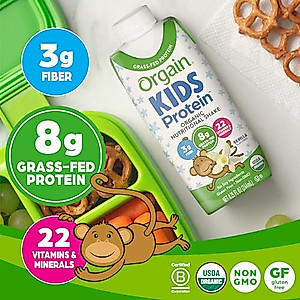 Orgain Organic Kids Nutritional Protein Shake, Vanilla - Kids Snacks with 8g Dairy Protein, 22 Vitamins & Minerals, Fruits & Vegetables, Gluten Free, Soy Free, Non GMO, 8.25 Fl Oz (Pack of 12)