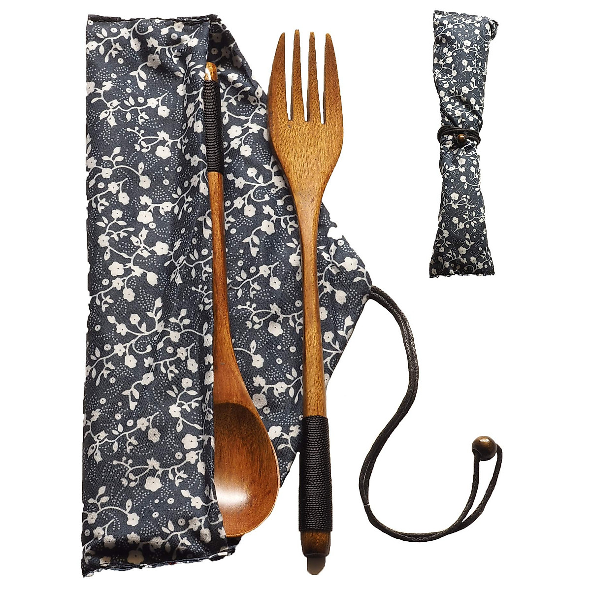 Premium Wooden Bamboo Spoon and Fork Set - w/Cotton Pouch - Bpa Free - Food safe 100% - Made from Organic Bamboo - Reusable - Serving utensils - Salad - Medium Size - 9.5 inches