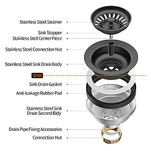 KONE Sink Drain Assembly, Kitchen Sink Drain Strainer Kit with Removable Strainer Basket Stopper, Universal fit USA Home/Commercial 3-1/2 Inch Standard Sink Drain Hole (Matte Black)
