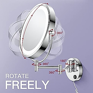 Benbilry LED Wall Mounted Makeup Mirror 9 Inch Super Large Size Double Sided with 1x/10x Magnification Extendable Lighted Magnifying Vanity Mirror with Lights 360° Swivel Round Bathroom Mirror