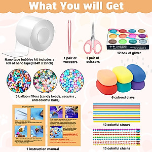 Nano Tape Bubble Kit for Kids, 9.84 FT Clear Nano Tape Balloons Kit with Clay Glitter Straw for Girls Boys, DIY Fidget Elastic Plastic Bubbles Craft Toys Party Favors Gifts