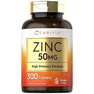 Zinc 50mg | 300 Tablets | Vegetarian, Non-GMO, and Gluten Free Supplement | Zinc Gluconate | High Potency Formula | by Carlyle