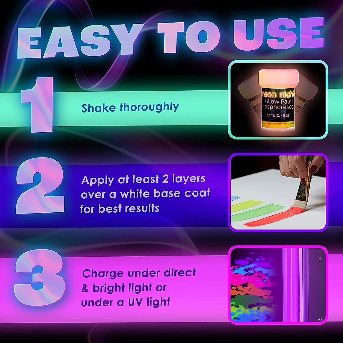 neon nights Glow-in-The-Dark Paint - Multi-Surface Acrylic Paints for Outdoor and Indoor Use on Canvas & Walls - Gifts for Artists - Phosphorescent - Stocking Stuffers for Boys and Girls