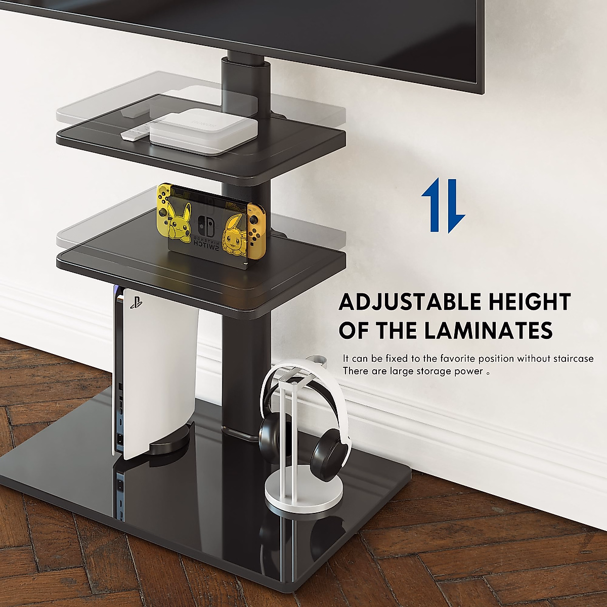 FITUEYES Floor TV Stand for 32 39 40 43 49 50 55 60 Inch TVs, TV Floor Stand with Swivel Mount, Max Holds 66lbs, White Glass Base, Height Adjustable TV Mount for Corner & Bedroom (With 2 Shelf, Black)