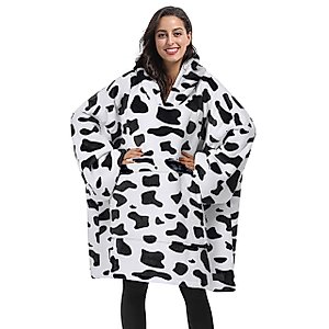 Cow Printed Oversized Hoodie Blanket Sweatshirt Pullover Sherpa Giant Wearable Blankets Gift for Adults Women Teenagers Wife Girlfriend Dalmation