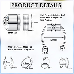 IRONBOX Fake Nose Ring Magnetic Nose Ring Faux Magnetic Septum Nose Ring Studs Hoops Fake Nose Piercings Nose Cuffs Magnet Faux Pretend Nose Ring
