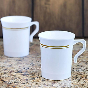 BloominGoods 50 Heavyweight Disposable White Plastic 8 oz. Coffee Mugs with Gold Trim | Tea, Cappuccino, Espresso Cups with Handles (50-Pack)