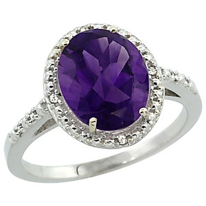 Sterling Silver Diamond Natural Amethyst Ring Oval 10x8mm, 1/2 inch wide, size 6