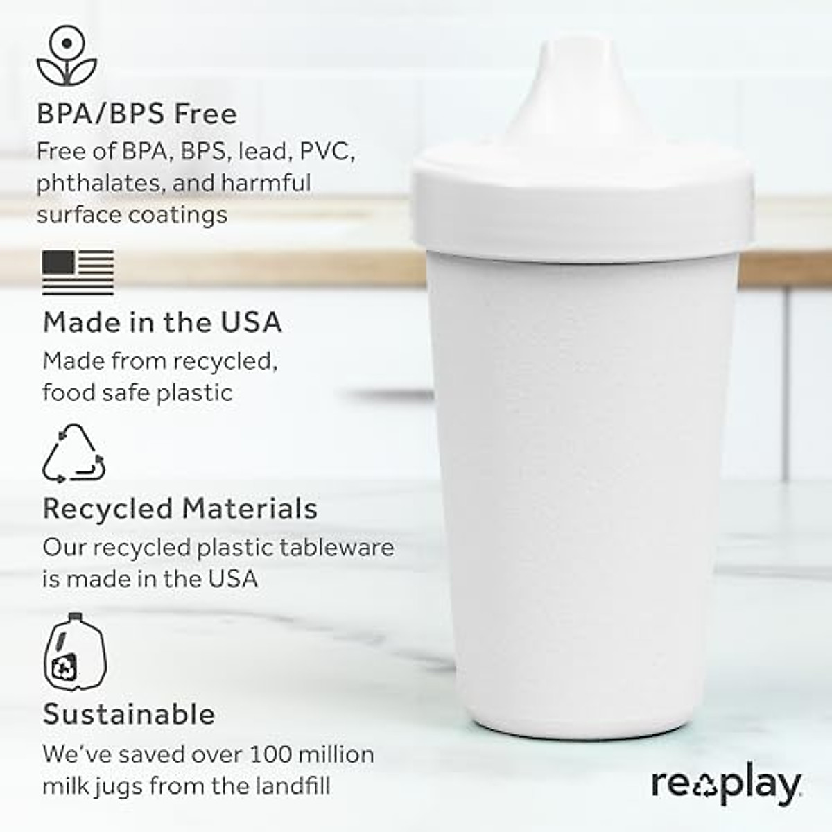Re-Play Made in USA 10 Oz. Sippy Cups for Toddlers, Set of 3 - Reusable Spill Proof Cups for Kids, Dishwasher/Microwave Safe - Hard Spout Sippy Cups for Toddlers 3.13" x 6.25", Modern Mint