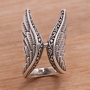 NOVICA Artisan Handcrafted Sterling Silver Cocktail Ring Feathered Wings No Stone Indonesia [ring Front 1.2 in L x 0.8 in W x 0.4 in H Band Width 3 mm W] ' Winged Glory'
