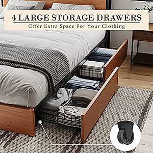 AMERLIFE Queen Size Storage Bed Frame with Charging Station, Wooden Platform with 4 Drawers & Headboard/No Box Spring Needed/Noise-Free/Cherry