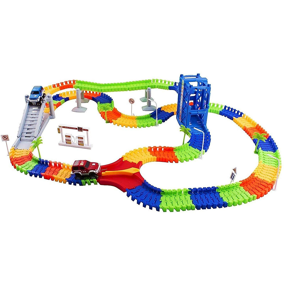 Vokodo Race Car Track Set Toy Educational Twisted Flexible Tracks 240 Pcs 2 Cars Toy with Lifter, Bridge ,Trees, Gas Station for Kids Children Toys
