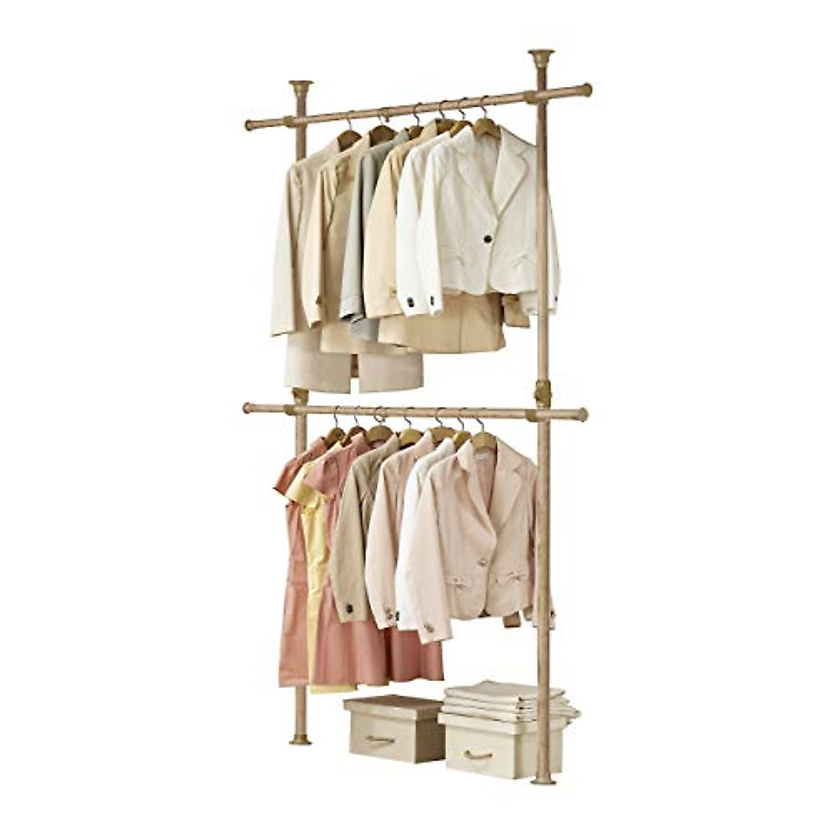 PRINCE HANGER Rack Heavy Duty One Touch System Load 352LBS Clothing Racks for Hanging Clothes Metal Wardrobe Closet Garment Rack Tension Rod Free Standing Wooden Color Width Adjustable Rack PHUS-1021