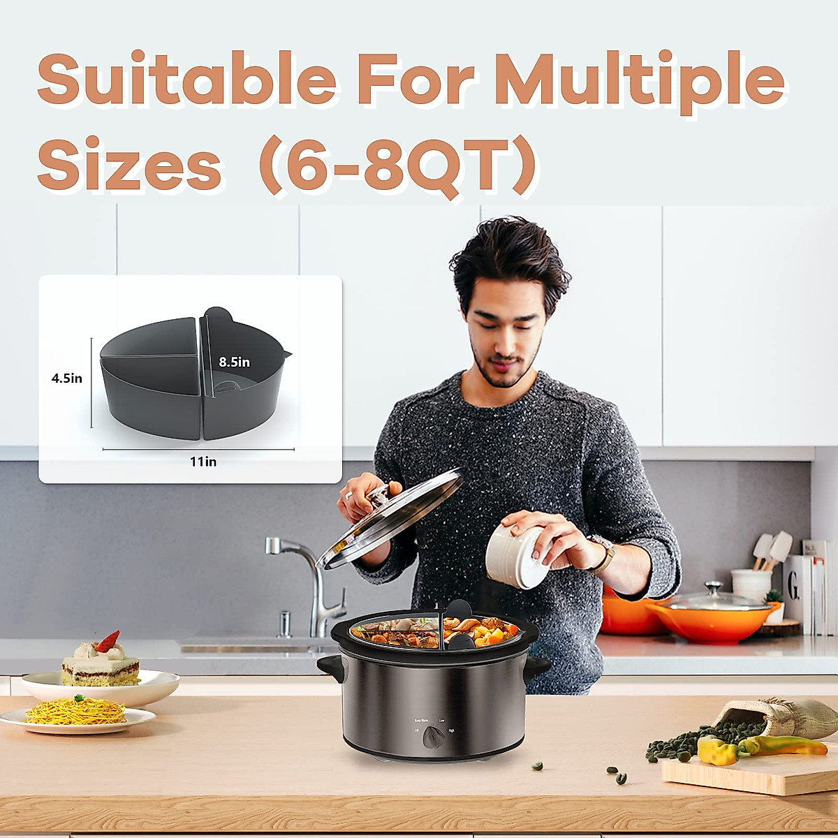 4 In 1 Crock Pot Liners, Onadak Silicone Slow Cooker Liners, Food Grade Silicone Crock Pot Liners Reusable For 6-8QT, Slow Cooker Divider BPA Free, Leak Proof, Dishwasher Safe, Replaces Disposable