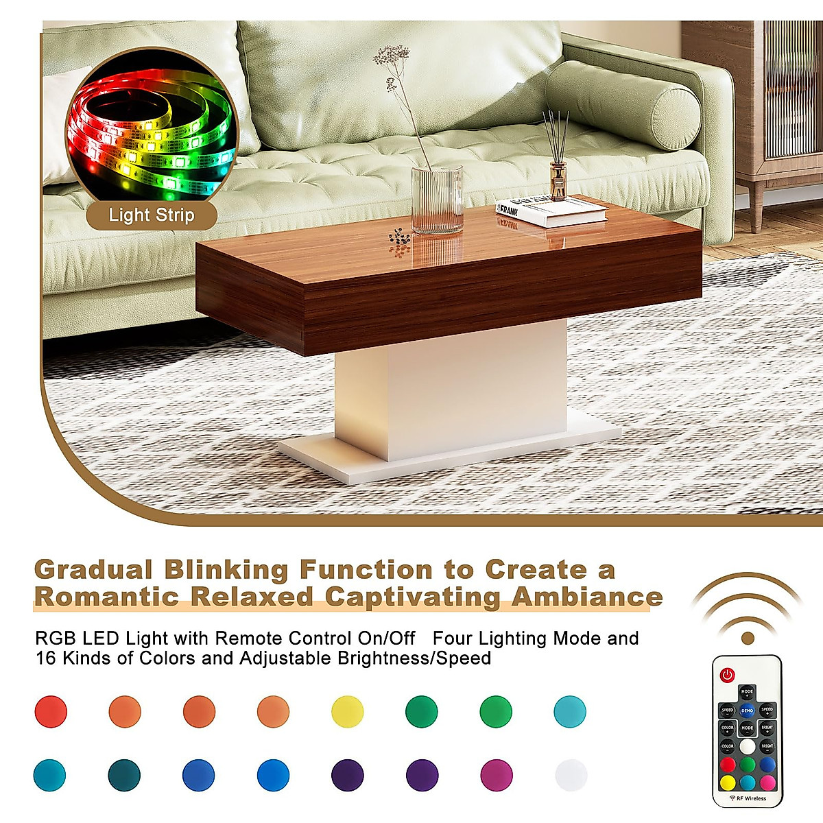 LED Coffee Table for Living Room, Modern High Glossy Coffee Table with 16 Colors LED Lights, Smart Cocktail Table Rectangle, Wooden Living Room Table (Natural)