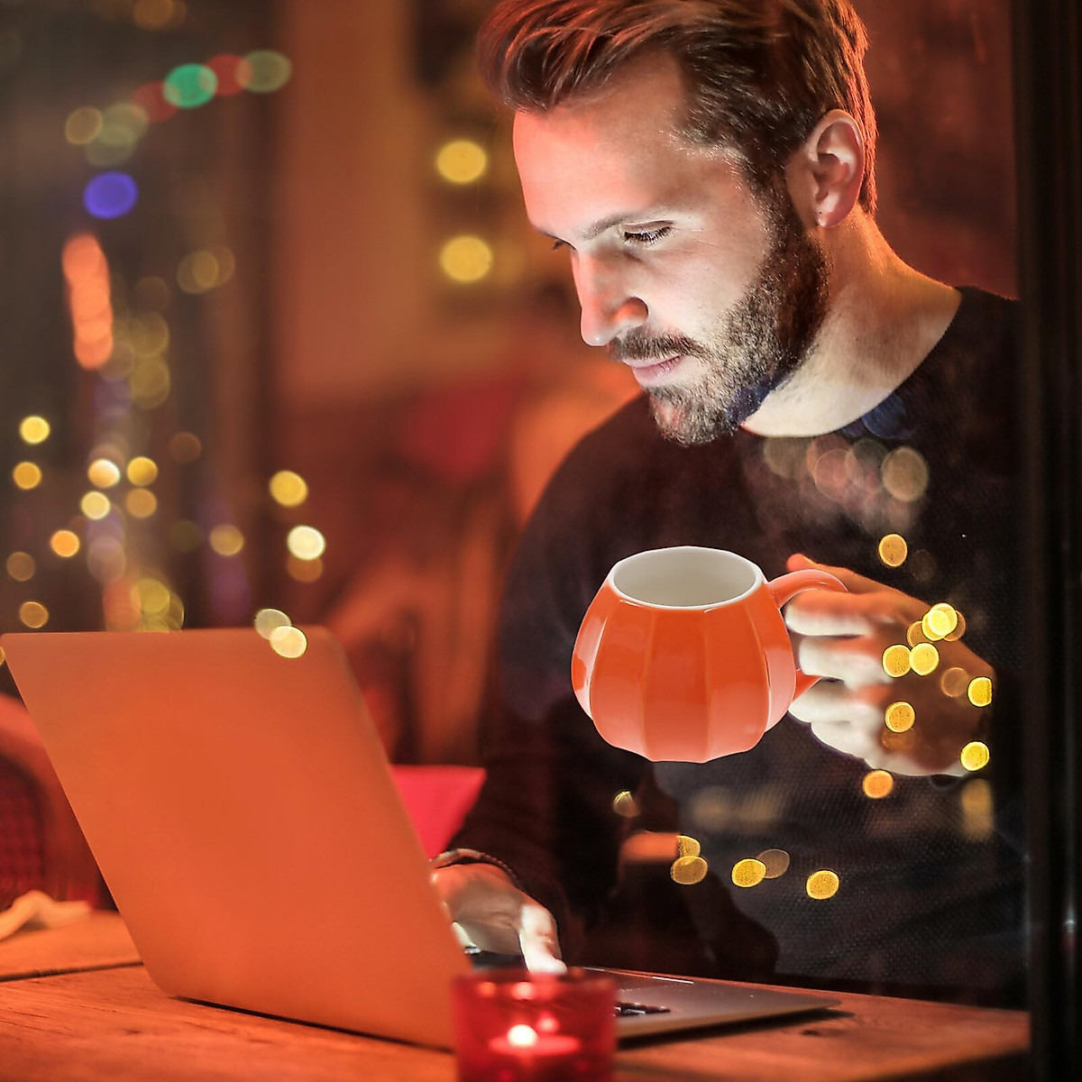 Halloween Pumpkin Mug with Lid, Ceramic Halloween Pumpkin Shaped Cup, Halloween Coffee Mug Milk Cup with Lid for Christmas Birthday Women Wife Mom Girl Boy Teacher Friends (Orange)