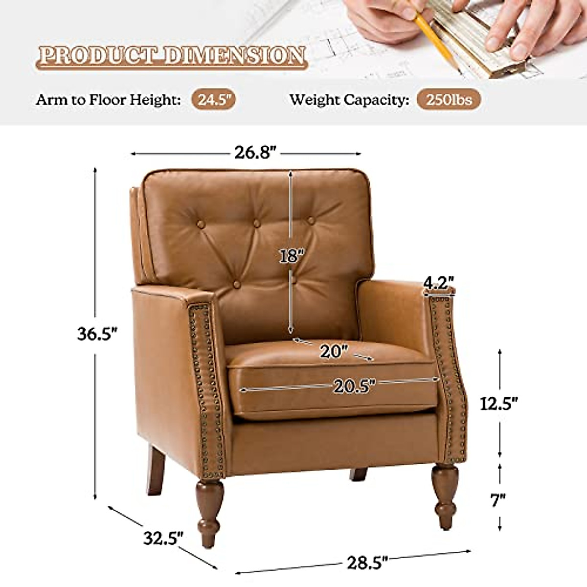 HULALA HOME Faux Leather Accent Chair Set of 2 with Nailhead Trim, Button Tufted Comfy Upholstered Armchair with Removable Cushion, Traditional Single Sofa Chair for Living Room Bedroom Office, Camel