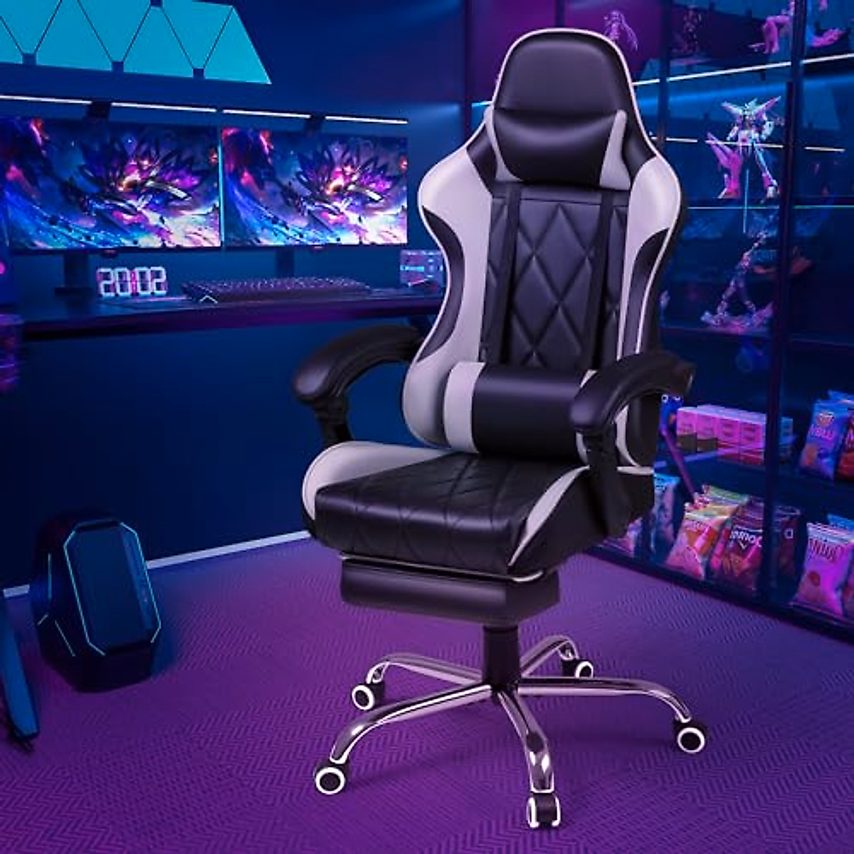 Shahoo Gaming Chair with Footrest and Massage Lumbar Support, Ergonomic Computer Seat Height Adjustable with 360°Swivel and Headrest, White