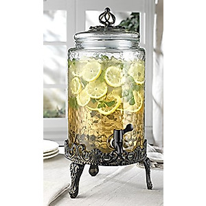 Elegant Home Hammered Glass Ice Cold Beverage Drink Dispenser - 2.7 Gallon, With Glass Lid and Antique Metal Stand, 100% Leak Proof Spigot- Wide Mouth Easy Filling For Outdoor, Parties & Daily Use