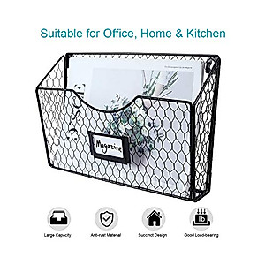 PAG 3 Pockets Hanging File Holder Wall Mount Mail Organizer Metal Chicken Wire Magazine Rack with Tag Slot, Black